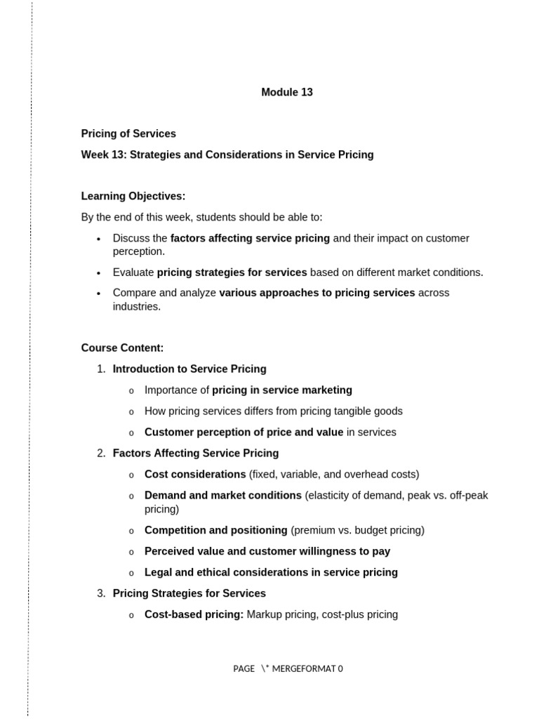 Module 13 - SERVICES MARKETING LEARNING | PDF | Pricing | Price ...