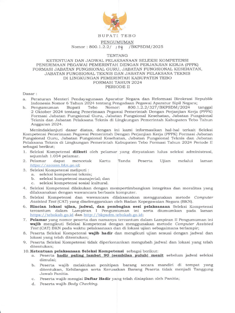18. Srt No 104 Pengumuman Jadwal Seleksi Kompetensi PPPK Periode 2 Pemkab TEbo_OK | PDF