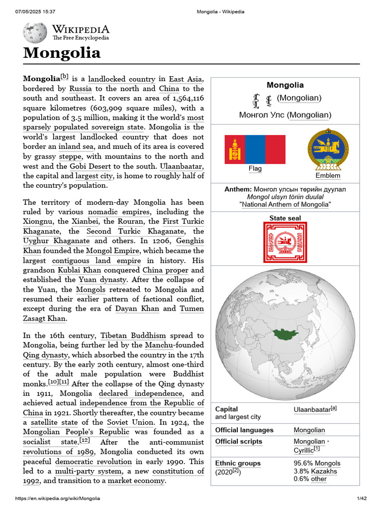 Mongolia - Wikipedia | PDF | Mongolia | Mongols
