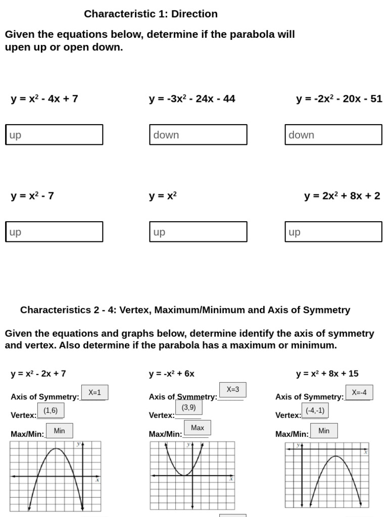 (Characteristics of Quadratics) Practice - Characteristics of Quadratics 1 | PDF | Theoretical ...