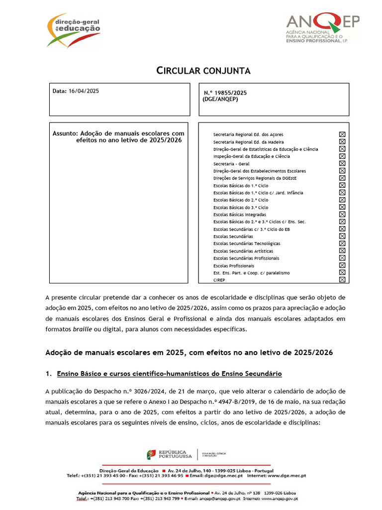 Circular Conjunta DGE ANQEP 2025 | PDF | Ensino médio