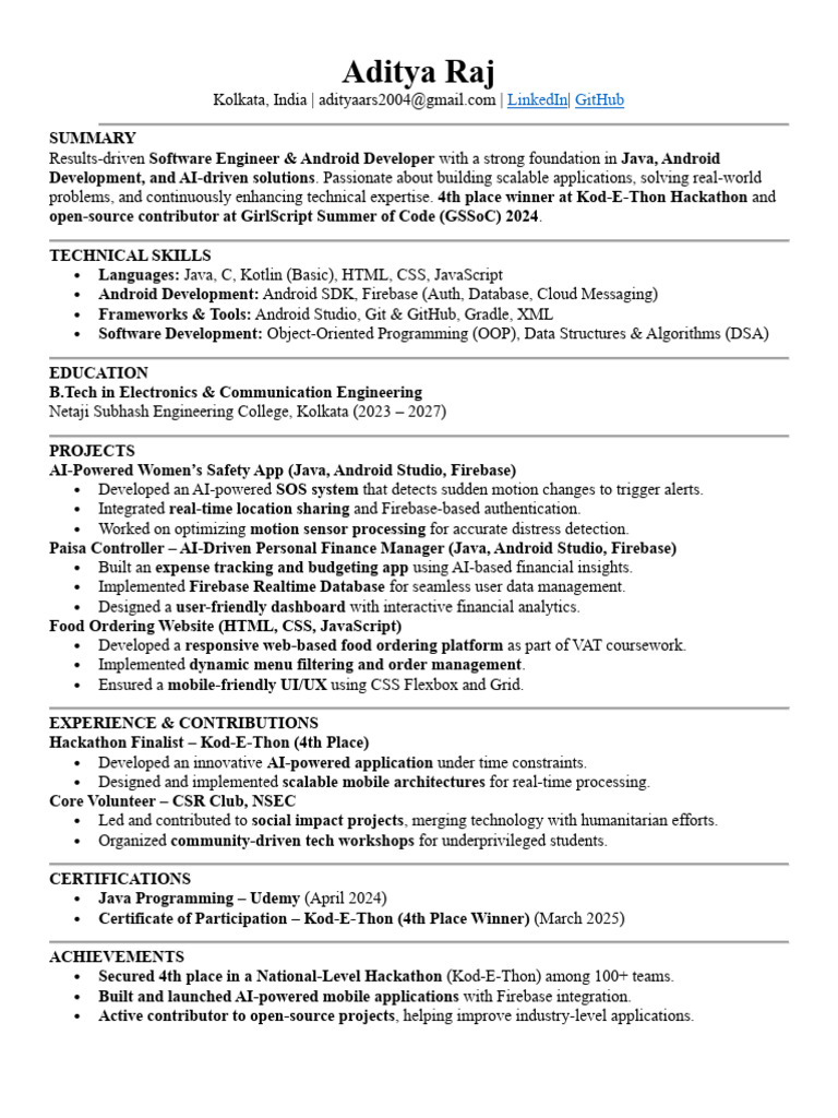 Aditya Raj Resume | PDF | Android (Operating System) | Java (Programming Language)