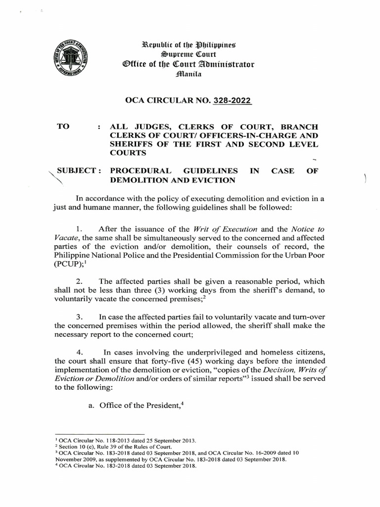 OCA Circular No. 328-2022 (Eviction & Demolition Procedural Guidelines ...
