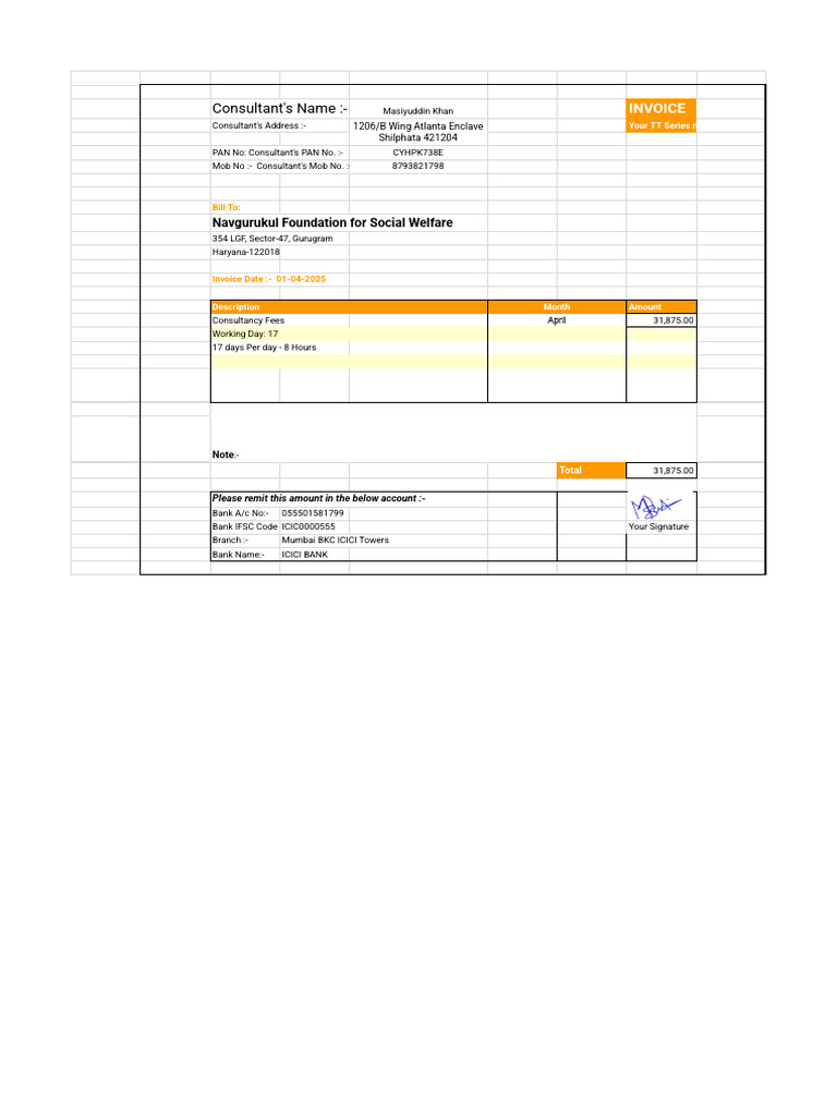 April Invoice - Masiyuddin Khan | PDF