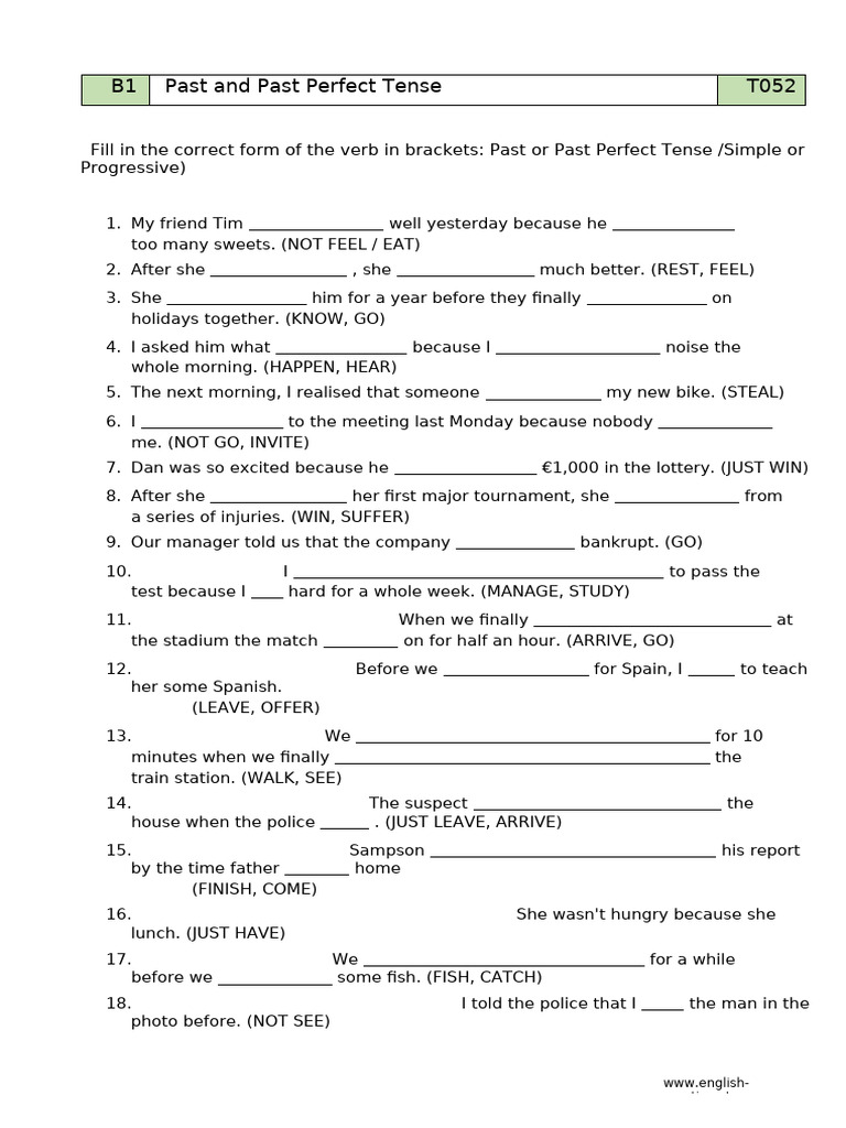 Past and Past Perfect Tense - PDF Grammar Worksheet - B1 - T052 | PDF ...