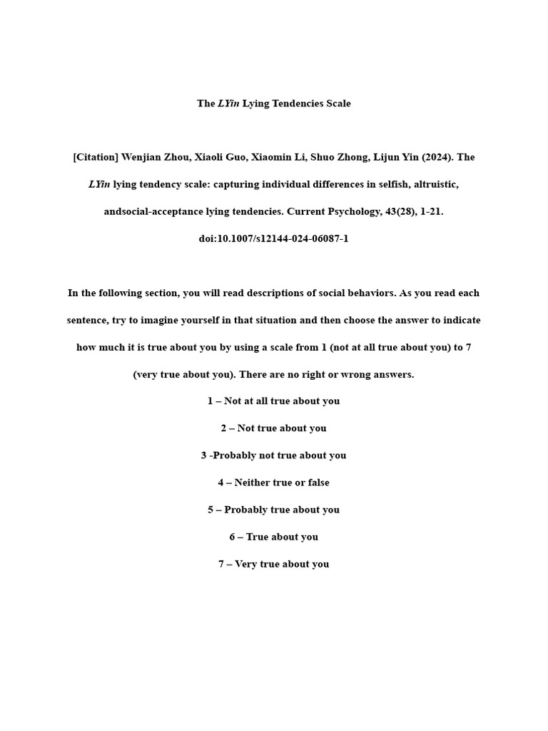 LYin Lying Tendencies Scale Analysis | PDF | Psychology | Psychological ...