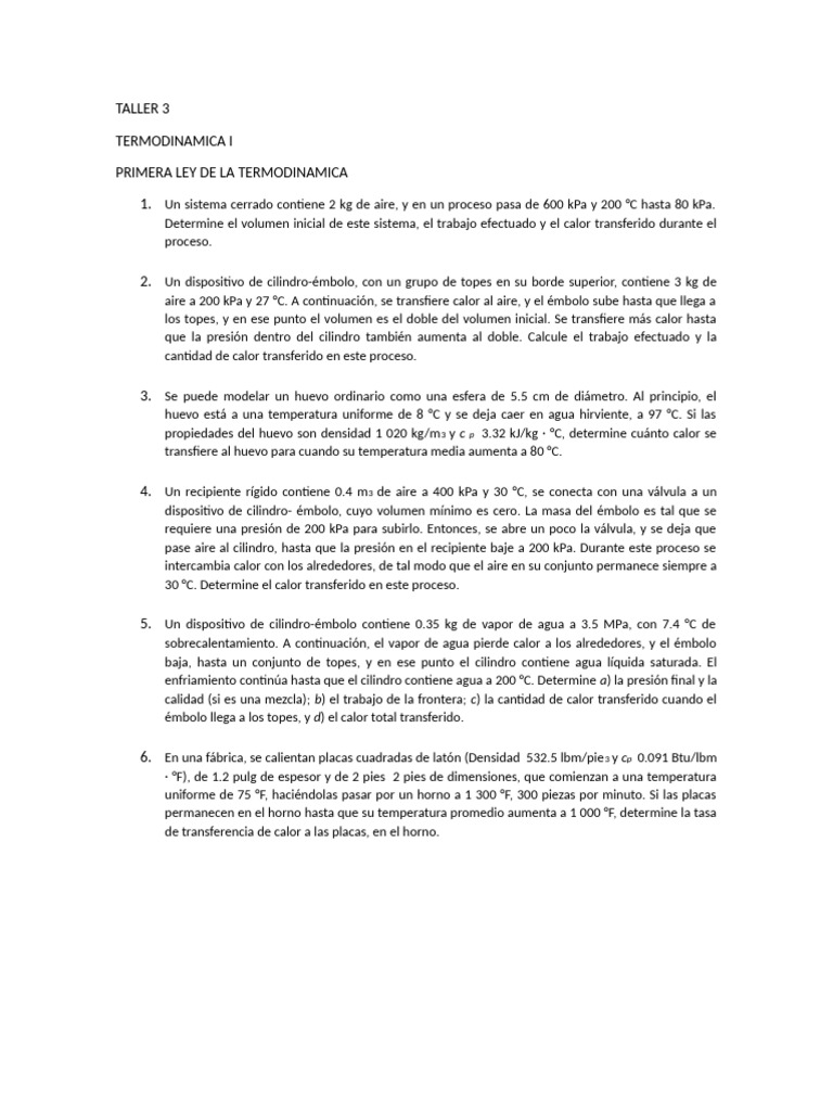 TALLER Nro 3 Primera Ley | PDF | Calor | Termodinámica