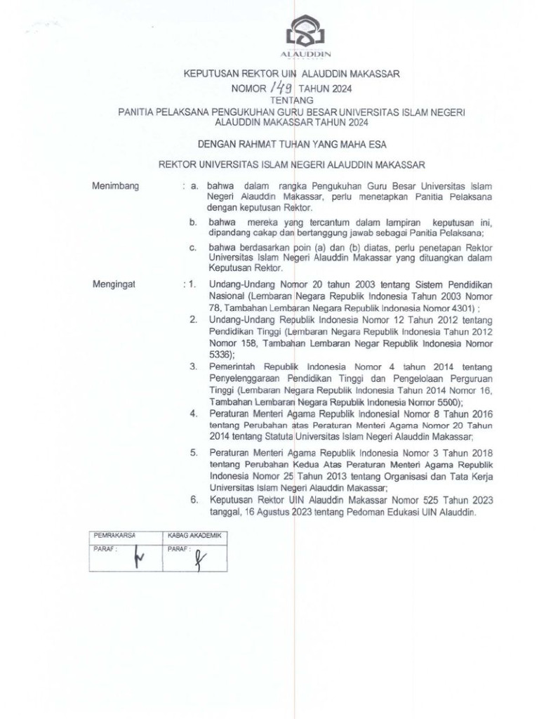 SK No.149 Tentang Panitia Pengukuhan Guru Besar Tahun 2024 (Pel Februari) | PDF