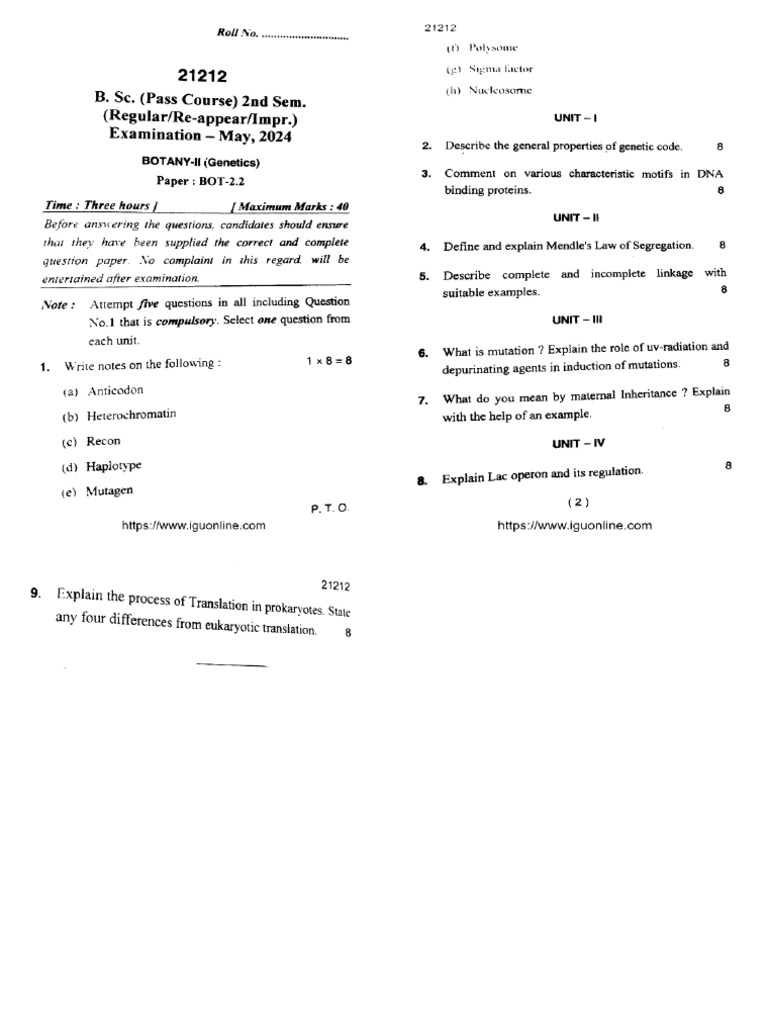 BSC 2 Sem Botany 2 Genetics 21212 May 2024 | PDF