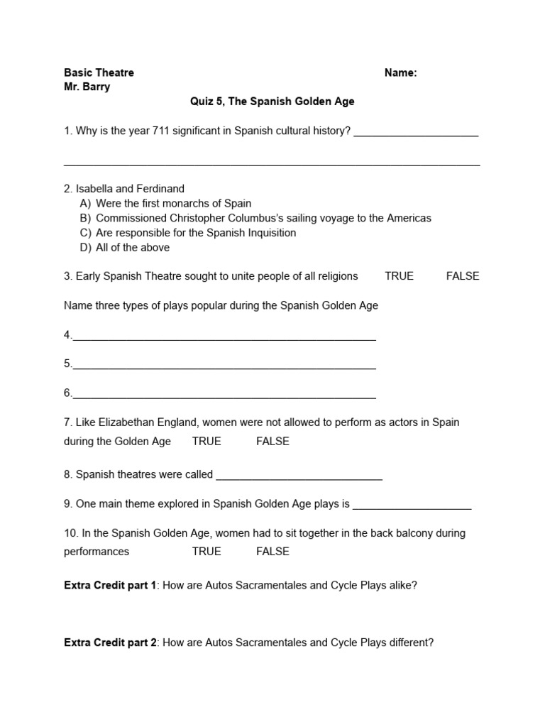Spanish Golden Age Theatre Quiz | PDF