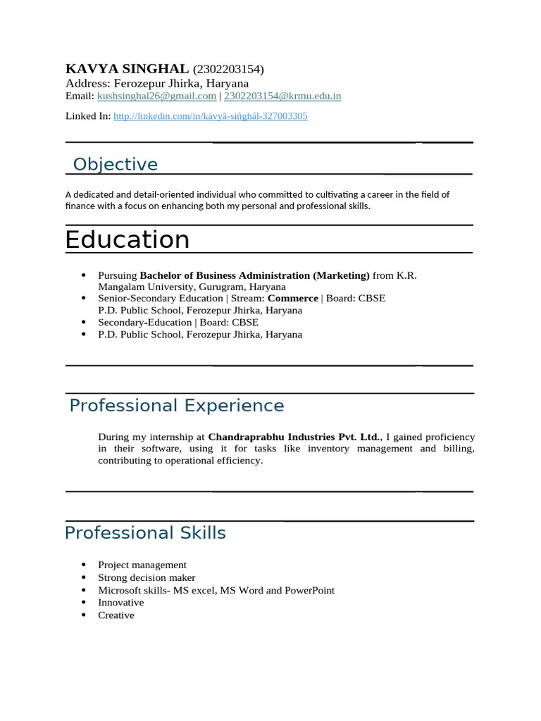 Kavya Singhal Resume | PDF