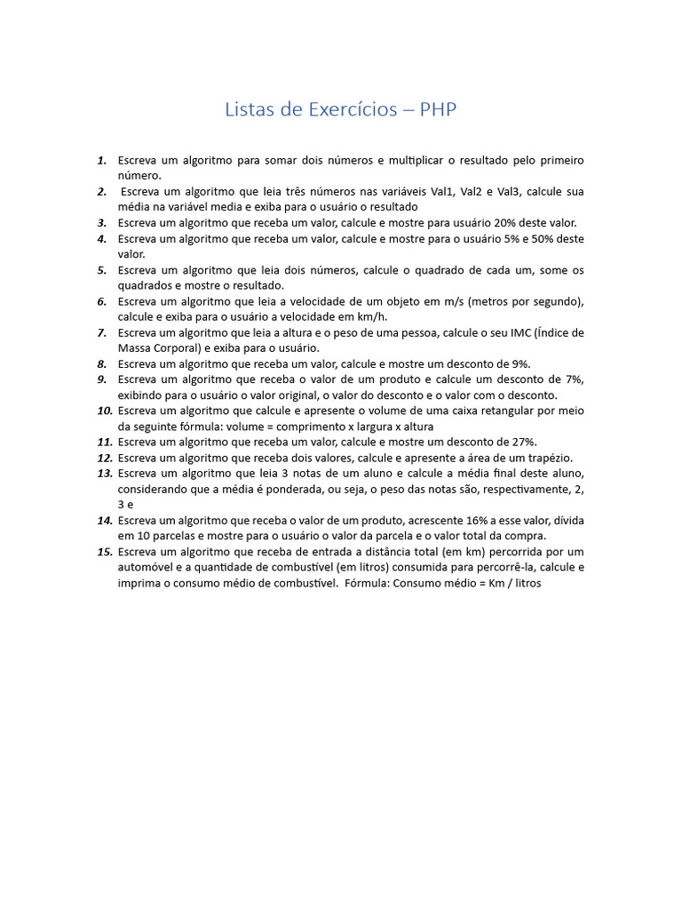 Listas de Exercícios - PHP | PDF