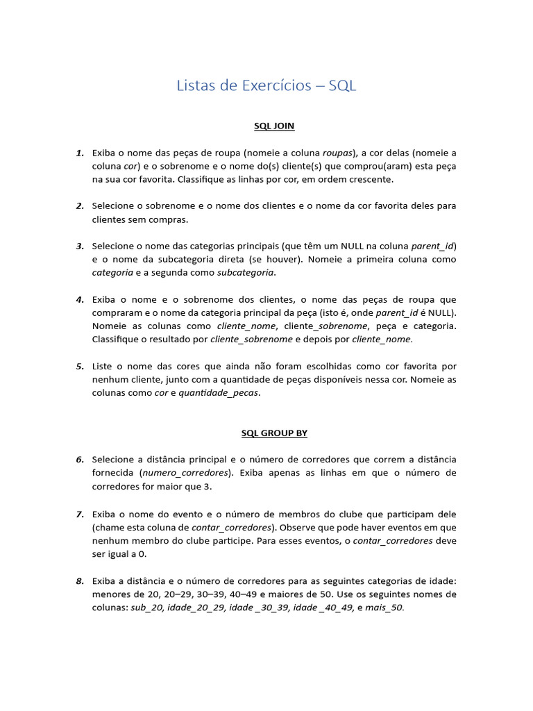 Listas de Exercícios - SQL | PDF