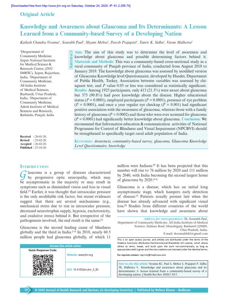Knowledge and Awareness About Glaucoma and Its Determinants: A Lesson ...
