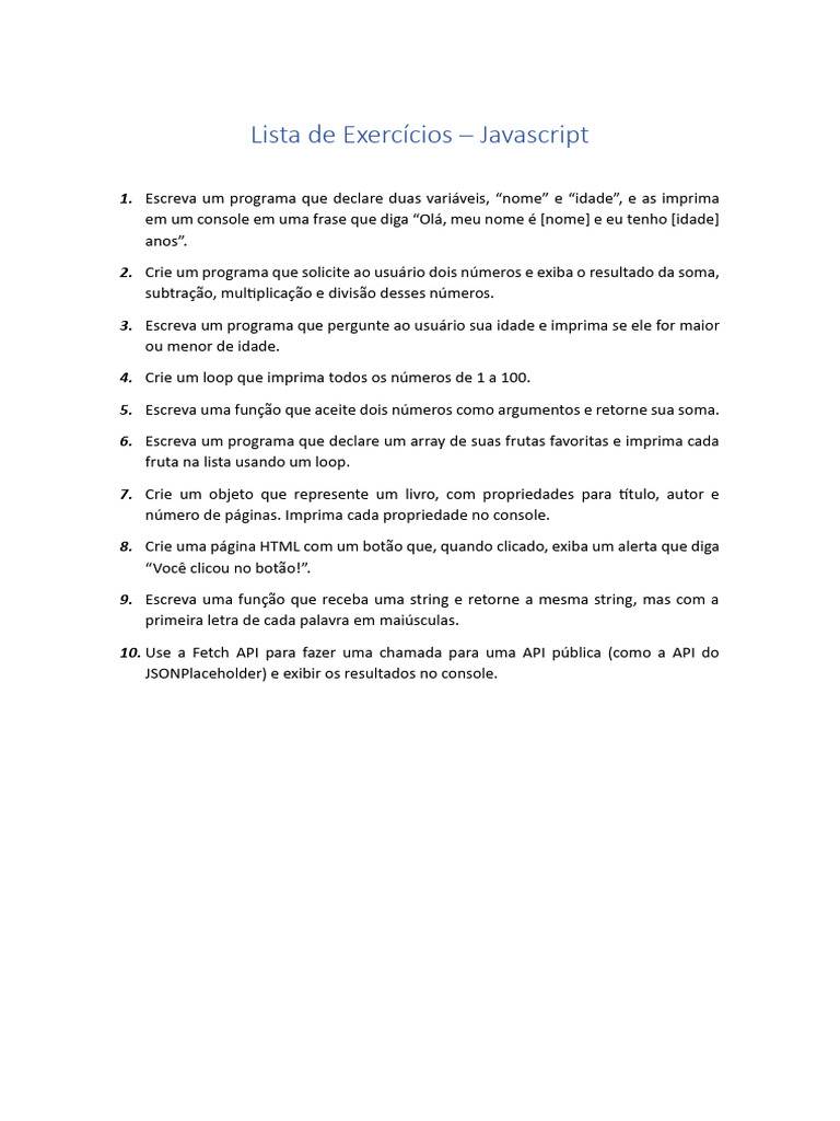 Lista de Exercícios - JAVASCRIPT | PDF