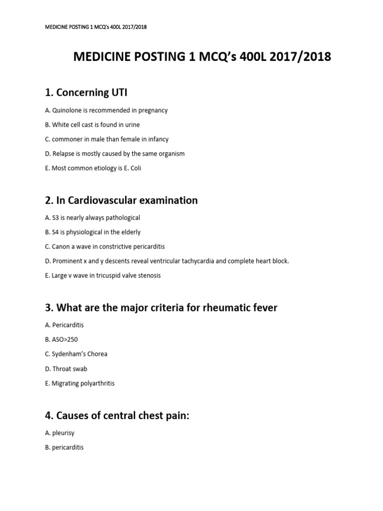 MEDICINE POSTING 1 MCQ's-1 | PDF | Atrium (Heart) | Meningitis