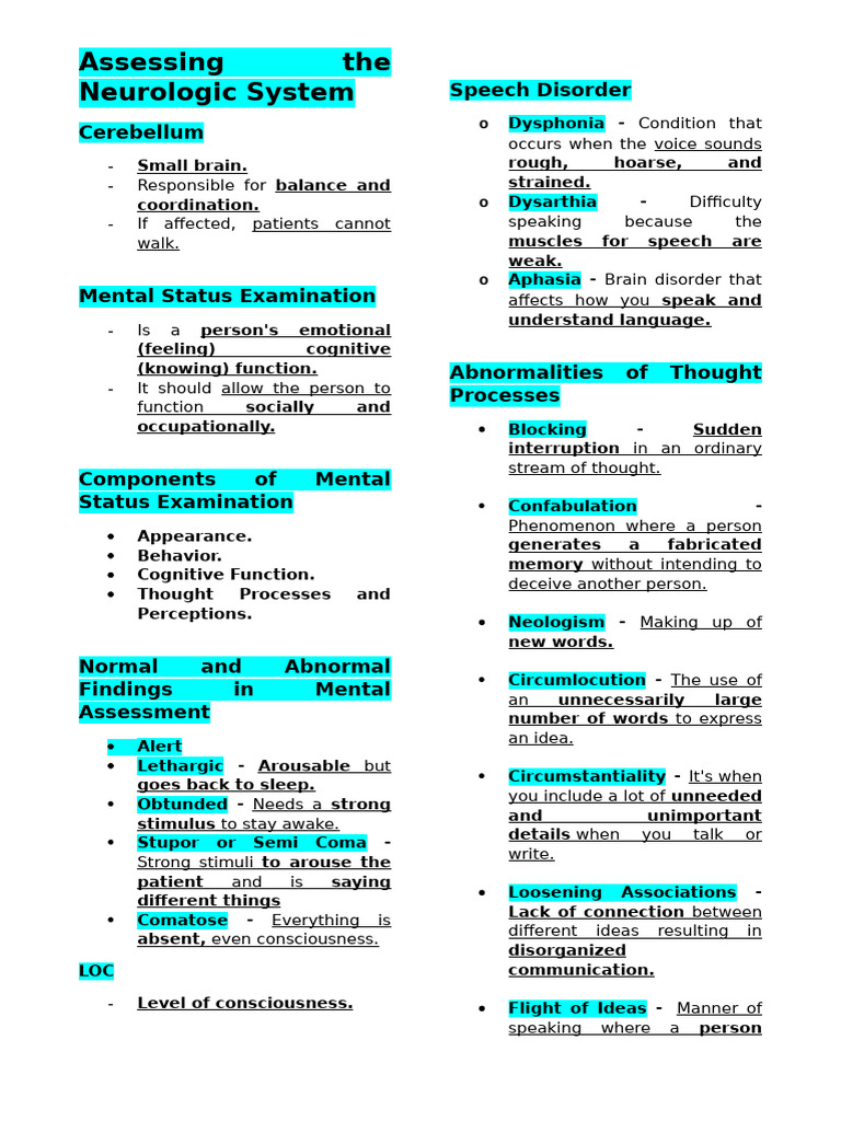 Assessing The Neurologic System | PDF | Speech | Mind