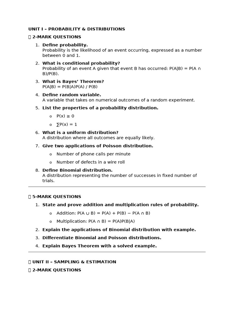 Unit1-Unit5 2mark Question | PDF | Probability Distribution | Sampling (Statistics)