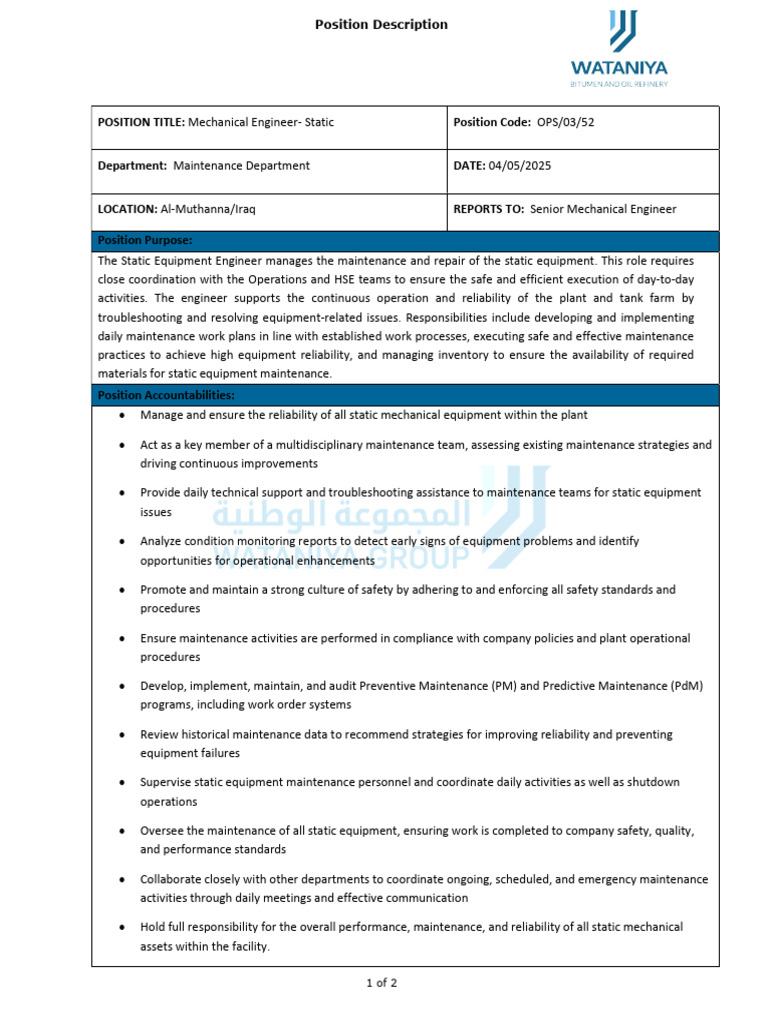 Job Vacancy_ Mechanical Engineer- Static | PDF | Reliability Engineering | Safety
