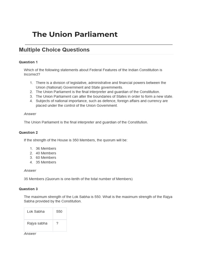 The Union Parliament Civics Chapter 1 | PDF | Government Of India ...