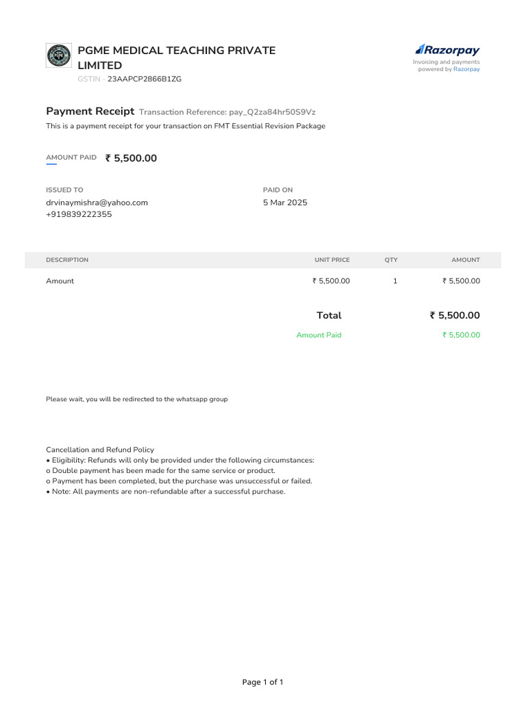 Receipt Pay - Q2za84hr50S9Vz From PGME (Paid) | PDF