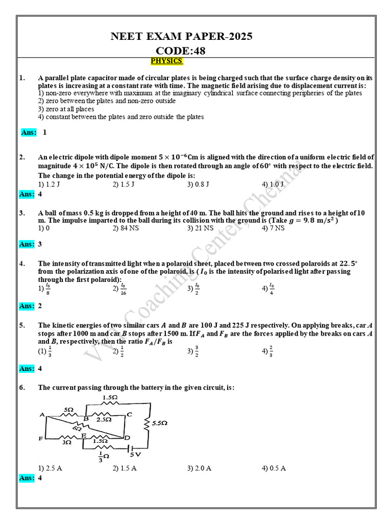 Neet Exam Paper - 2025 - Code-48 | PDF | Polarization (Waves) | Electron