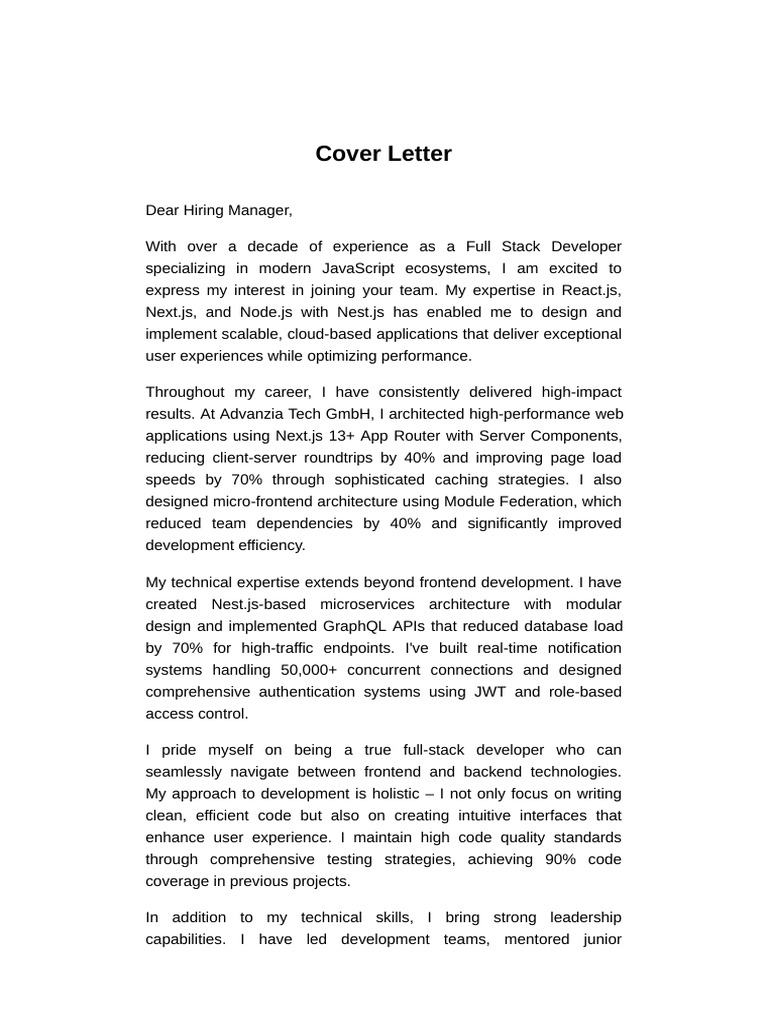 Full Stack Developer Cover Letter | PDF | Software | Systems Engineering