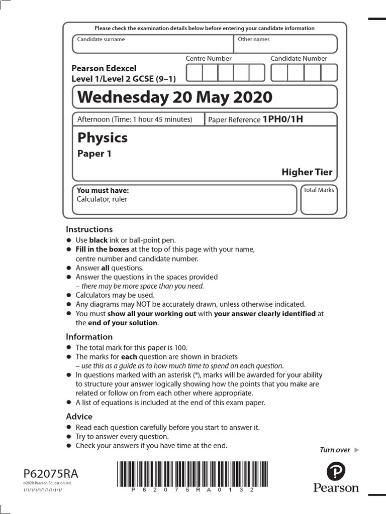 Edexcel GCSE Physics Exam Paper 2020 | PDF | Velocity | Acceleration