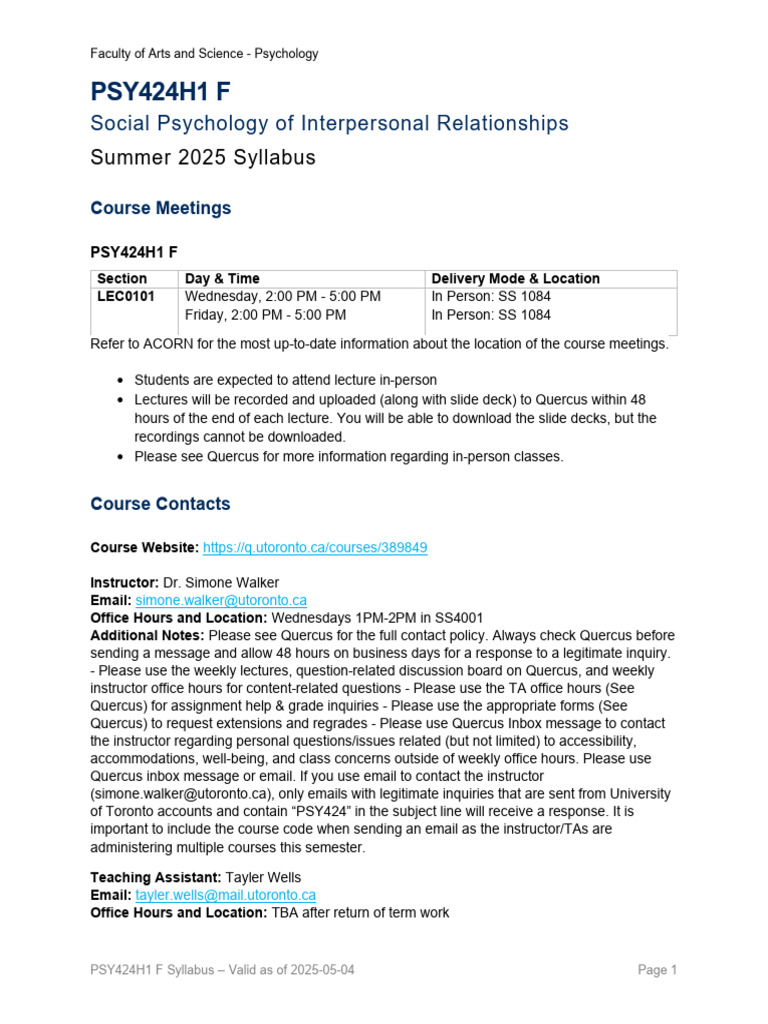 PSY424H1F-2025 Summer Syllabus-20250504 | PDF | Educational Assessment ...