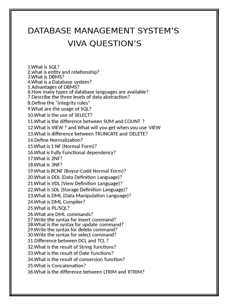Database Management System Viva Questions | PDF | Databases | Sql