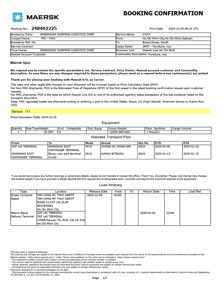 Maersk Shipping Booking Confirmation | PDF | Cargo | Bill Of Lading