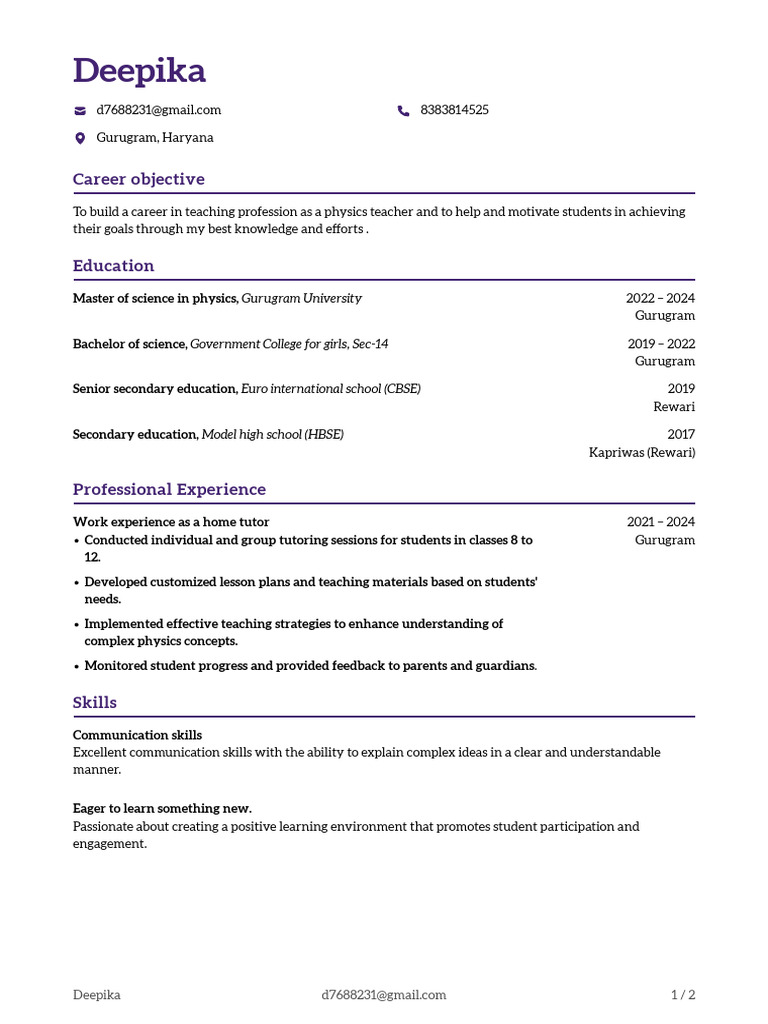 Deepika FlowCV Resume 20241102 | PDF | Schools | Behavior Modification