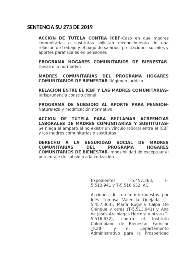 Sentencia Su 273 de 2019 | PDF | Derecho laboral | Pensión