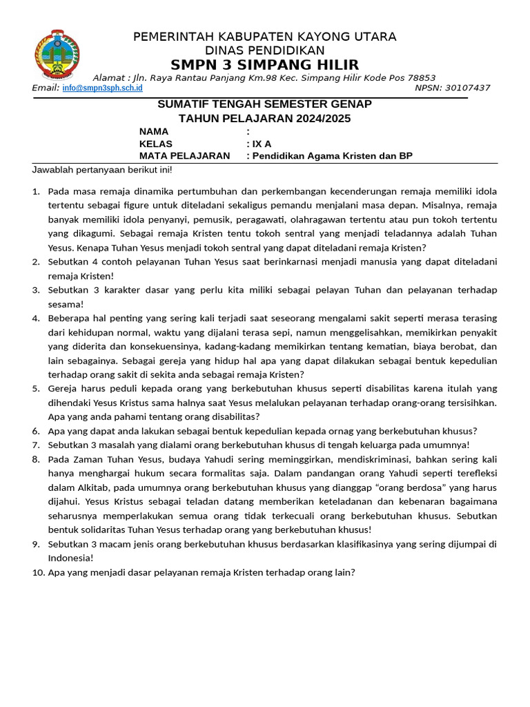 soal PTS PAK kls 9 semester genap 2025 | PDF