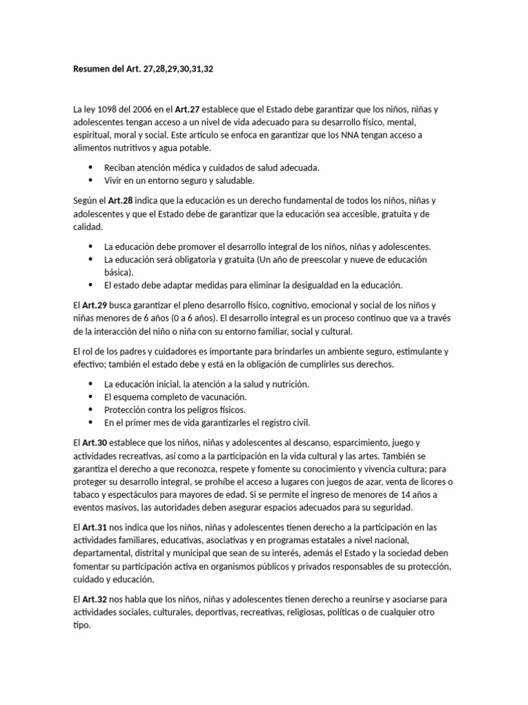 Resumen de Los Articulos (27 Al 32) Legislación | PDF | Educación de la primera infancia