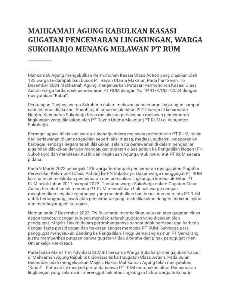 Mahkamah Agung Kabulkan Kasasi Gugatan Pencemaran Lingkungan | PDF