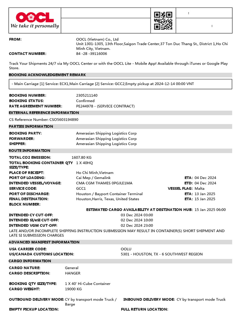 OOCL Booking Acknowledgement 2305211140 | PDF | Cargo | Transport
