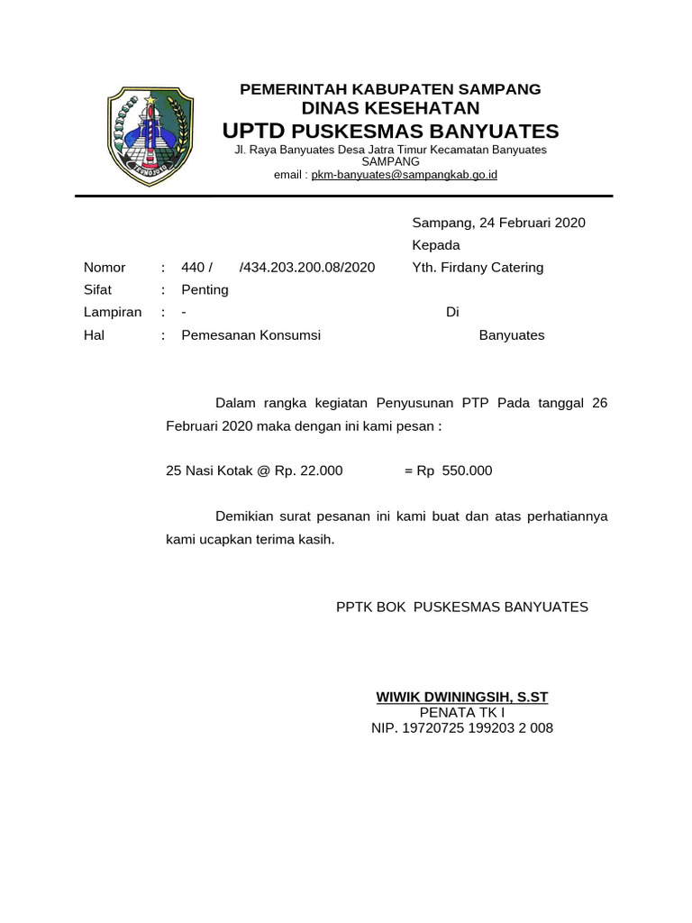 Pemesanan Konsumsi Puskesmas Banyuates | PDF