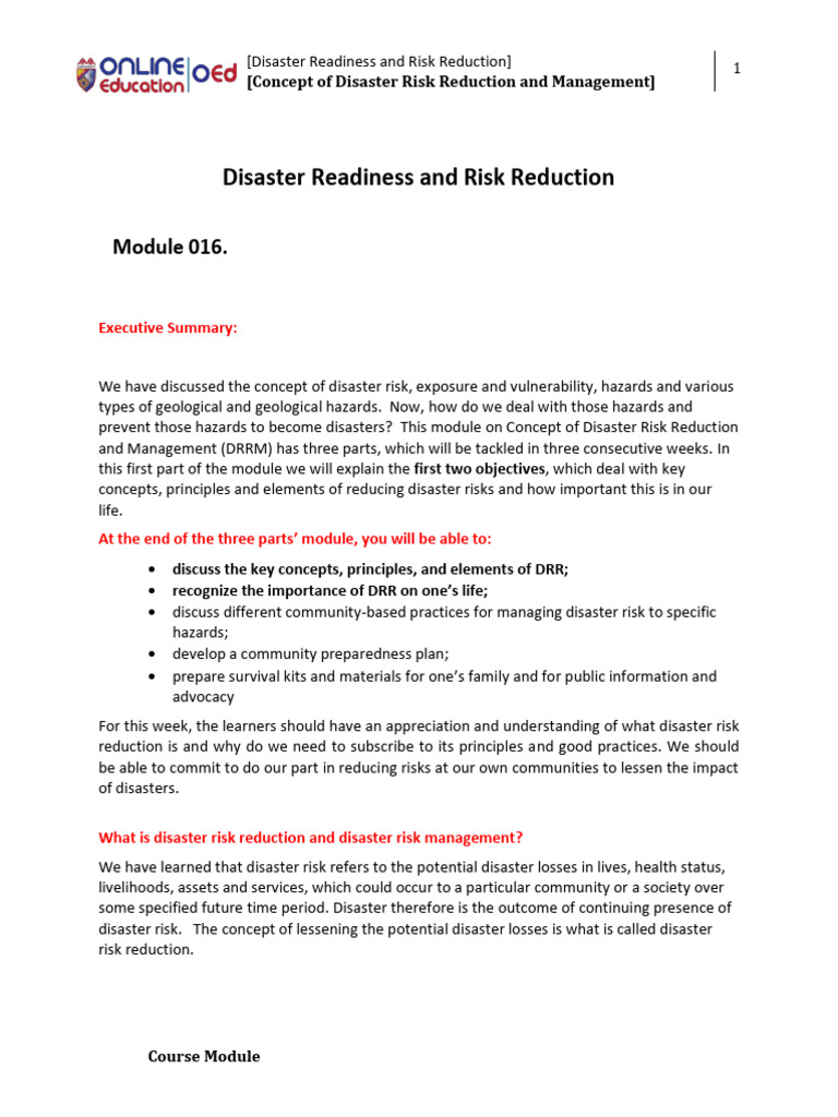 Week 016-Module Concept of Disaster Risk Reduction and Management (DRRM) | PDF | Disaster Risk ...