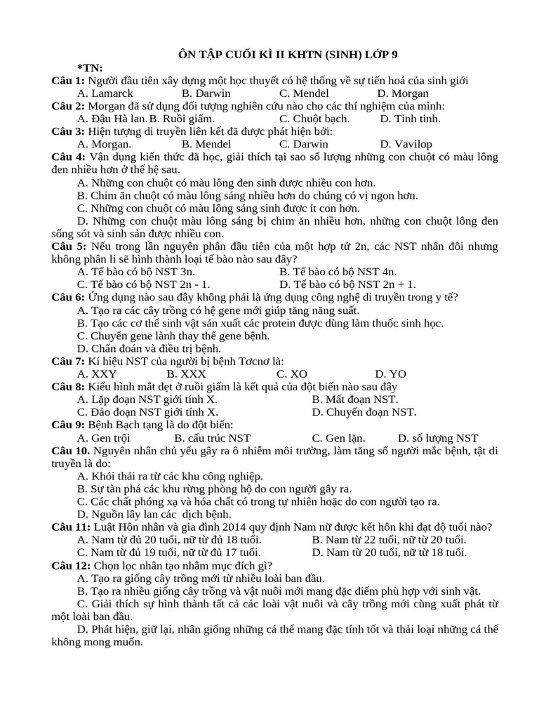 ÔN TẬP CUỐI KÌ II KHTN 9 (SINH) | PDF