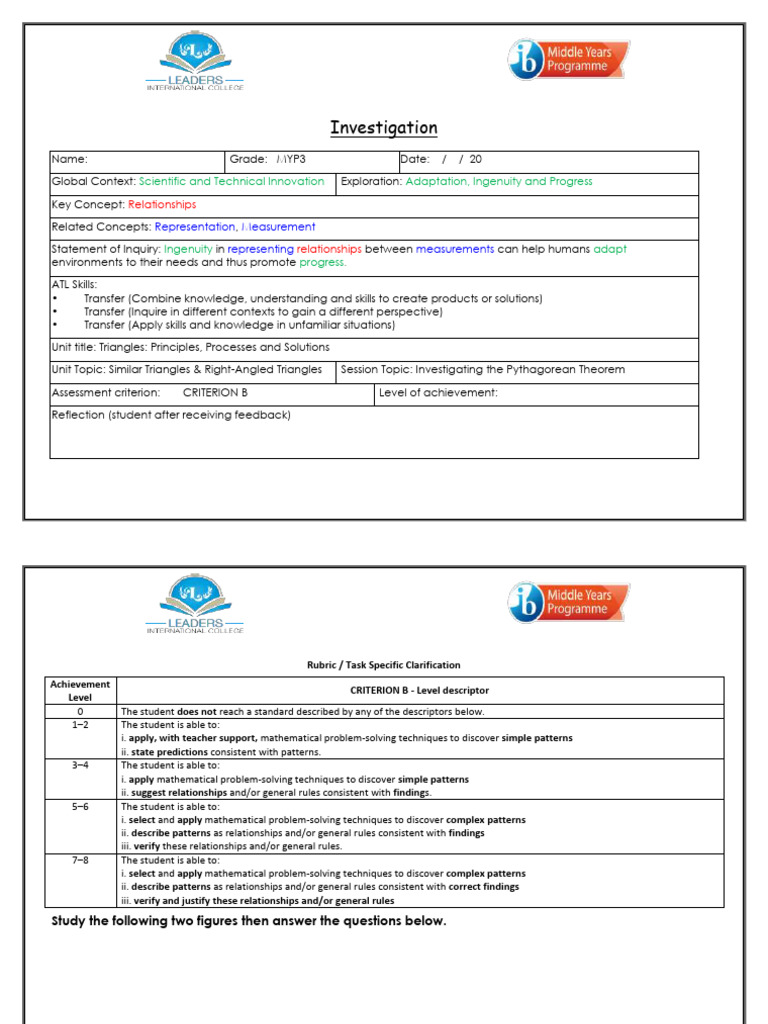 MYP3 Summative B Pythagoras - Investigation | PDF | Area | Mathematics