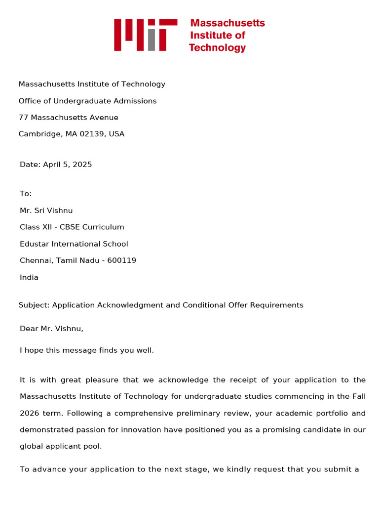 MIT Conditional Offer Letter Sri Vishnu PDF | PDF