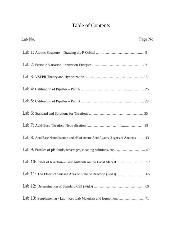 table of contents chem labs | PDF