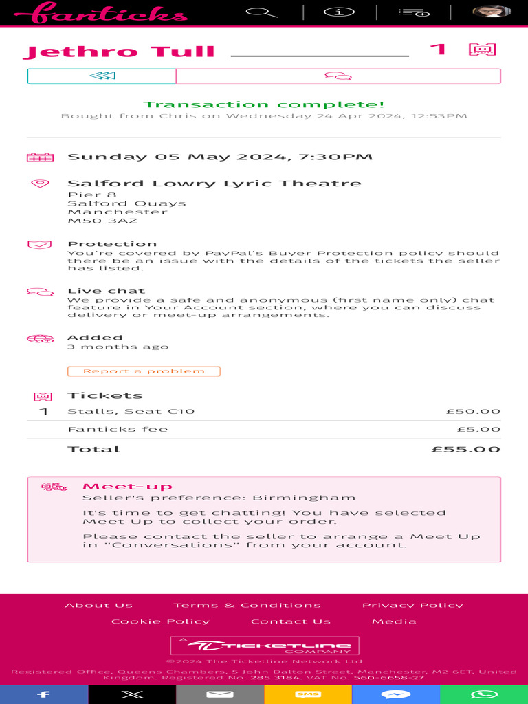 Jethro Tull - Salford Lowry Lyric Theatre - Stalls X 1 - Fanticks | PDF