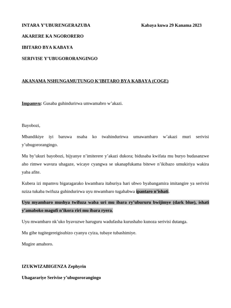 Gusaba Guhindura Umwambaro w'Akazi | PDF