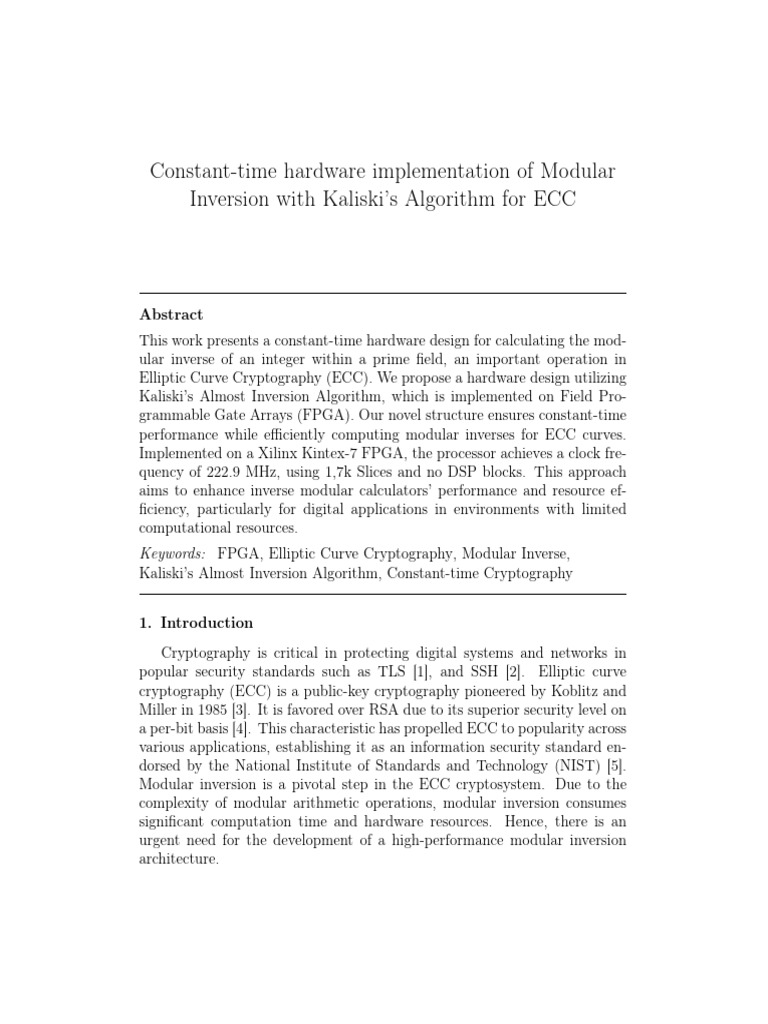 Elsevier FPGA Based Modular Inversion With Kaliski S Algorithm For High ...