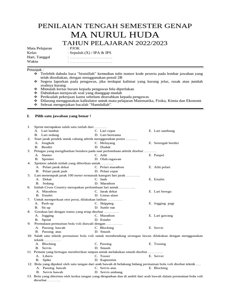 Soal PTS PJOK SMSTR Genap Kls X 2023 | PDF