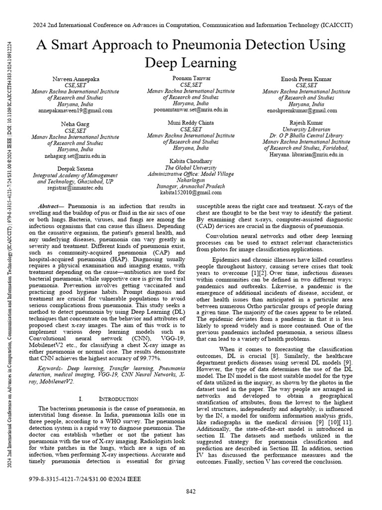 A Smart Approach To Pneumonia Detection Using Deep Learning | PDF ...