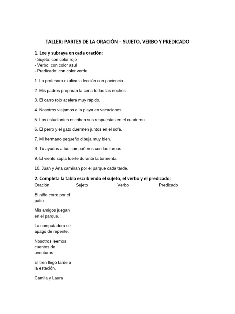 Taller Partes de La Oracion | PDF | Predicado (Gramática) | Asunto ...