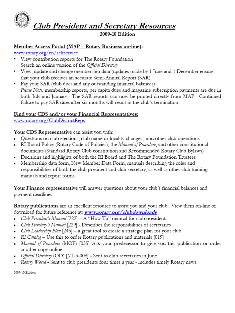 RY 2009-10 Club President and Secretary Helpful Resources | PDF